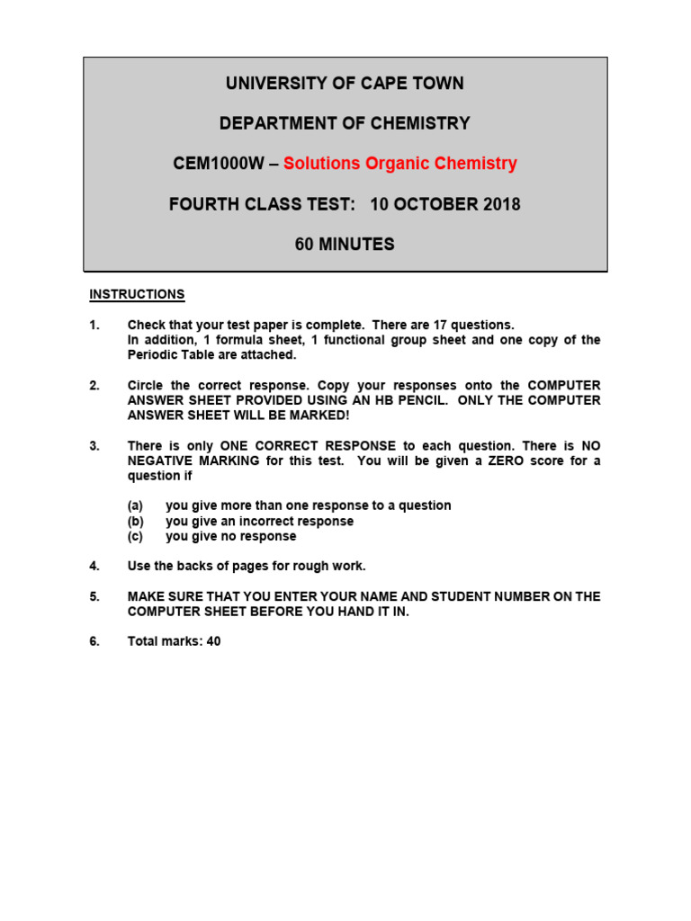 UCT Organic Chemistry Test 2018 | PDF | Chemical Reactions | Ester