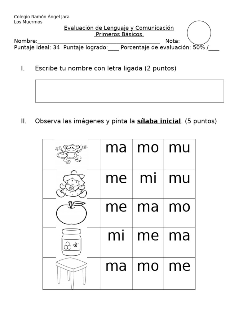 Evaluación Lenguaje Letras M y L | PDF