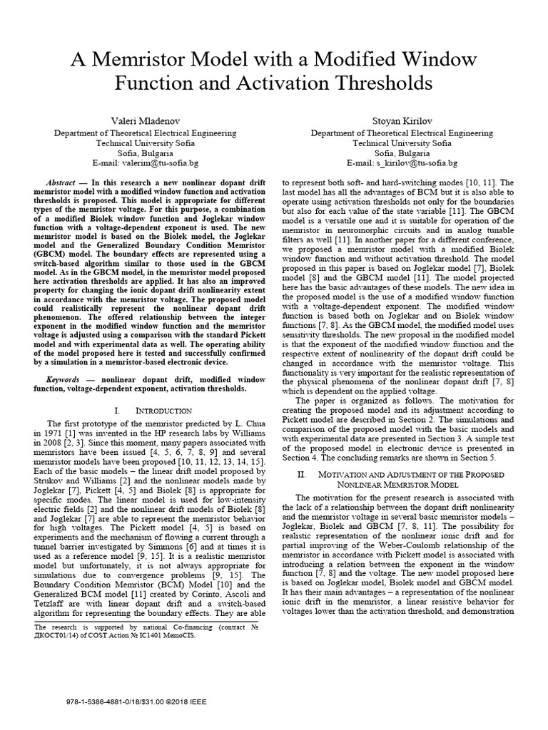 Nonlinear Memristor Model with Modified Function | PDF | Electricity ...
