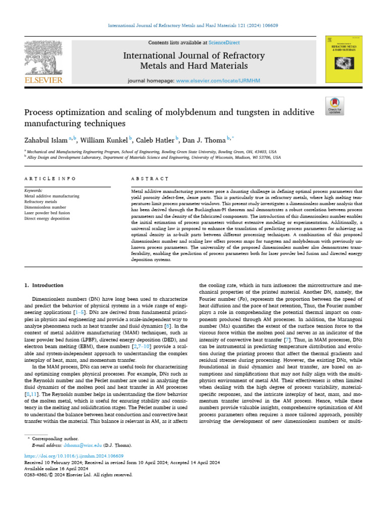 Molybdenum Process Optimization in AM | PDF | 3 D Printing | Quantity