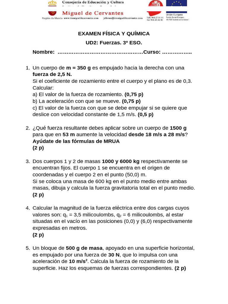 Examen UD2. Fuerzas. 3º ESO MDC | PDF