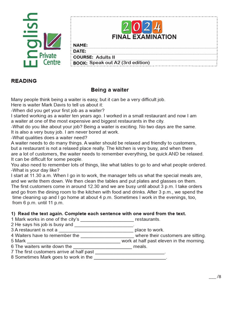 Final Exam Adults II B-1 | PDF | Waiting Staff | Restaurants
