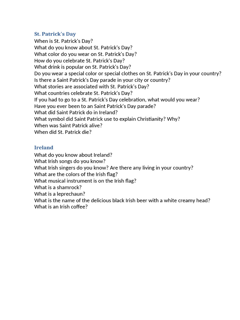 1-St Patrick Questions For Conversation | PDF