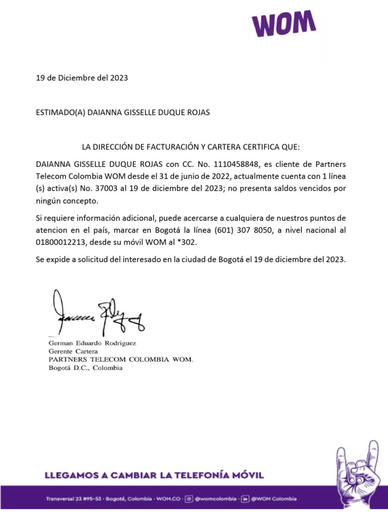 Paz y Salvo Wom | PDF