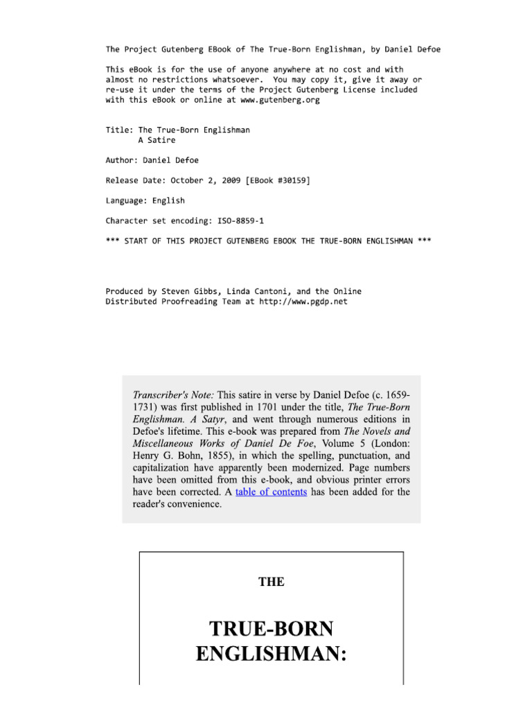 The True-Born Englishman, by Daniel Defoe | PDF | Daniel Defoe ...