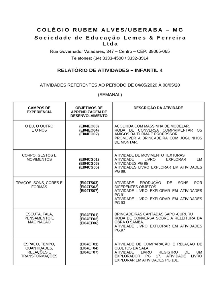 Infantil 4 Relatorios Mês Maio | PDF | Aprendizado