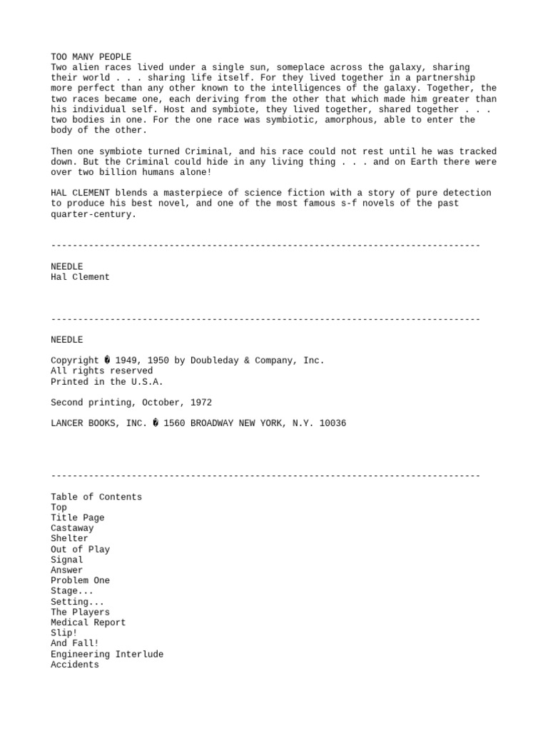 Clement, Hal - Needle - 01 - Needle | PDF | Blood | Eye