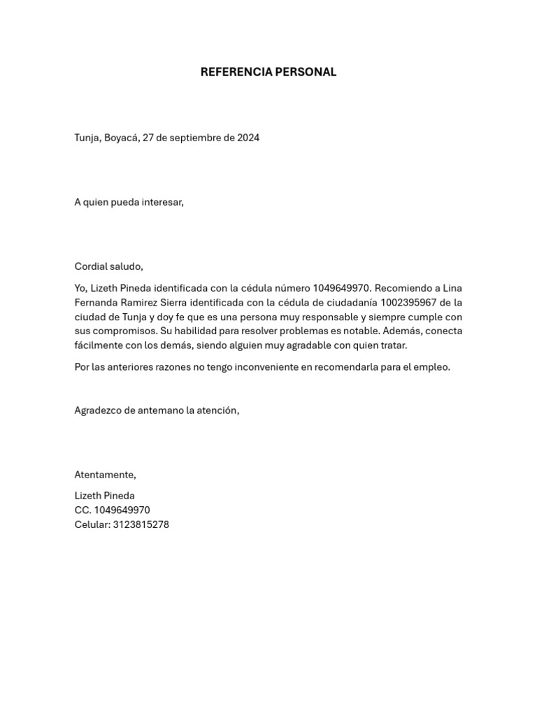 Referencia Personal Lizeth Pineda | PDF