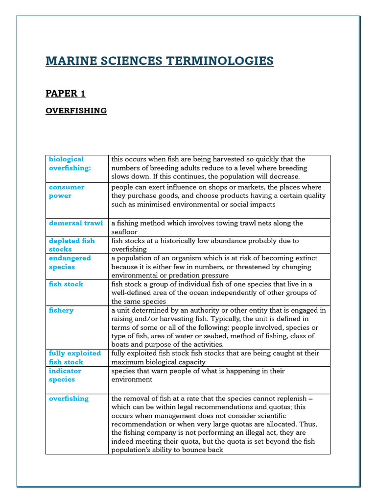 Marine Sciences Terminologies Explained | PDF | Overfishing | Weight