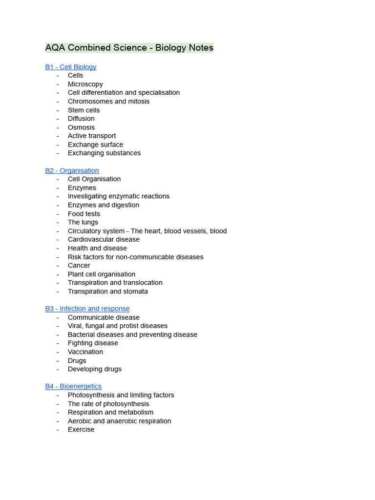 AQA Combined Science - Biology Notes | PDF | Cell (Biology) | Heart