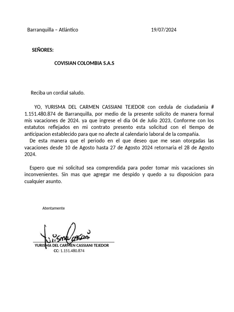 Carta de Vacaciones | PDF