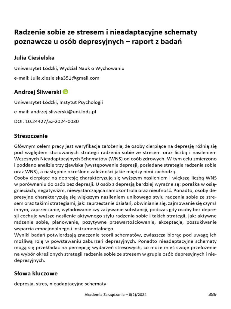 5.4. J. Ciesielska A. Sliwerski Radzenie Sobie Ze Stresem U Osob Z Depresja A Wyksztalcone I ...