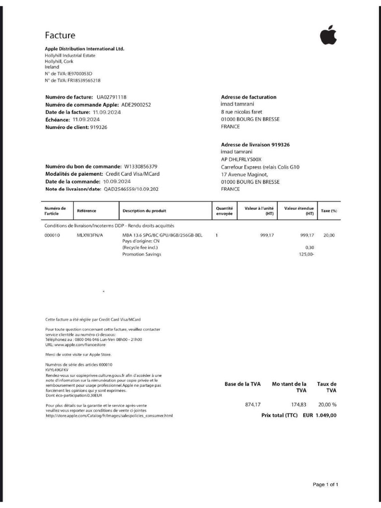 Facture Apple 2024 | PDF
