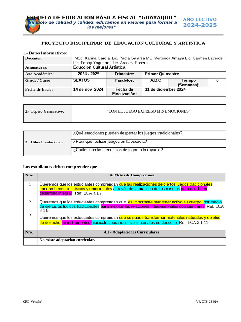 Eca Proyecto Disciplnar Sextos Nov. | PDF | Instrumentos musicales