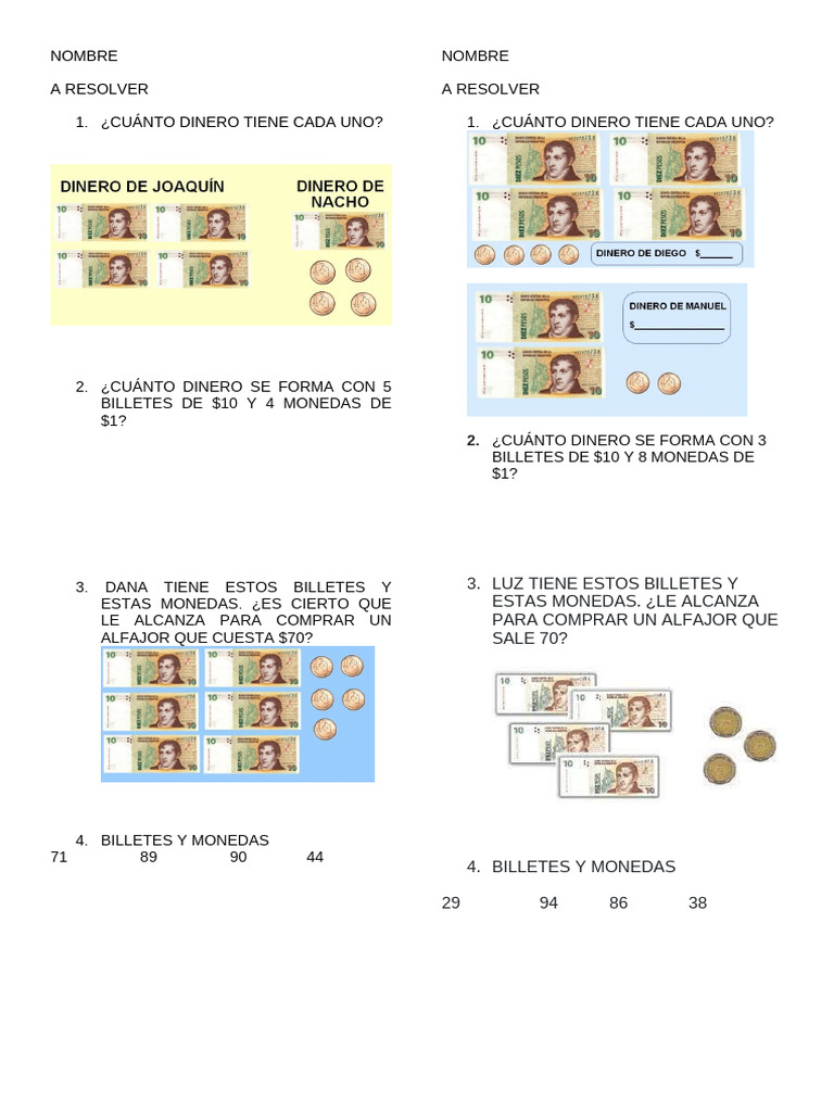 Ejercicios de dinero para 1º primaria | PDF
