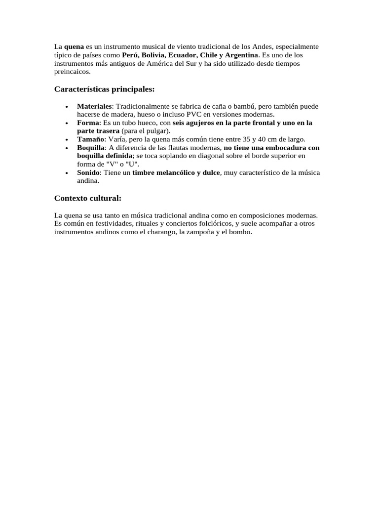 Quena: Instrumento Andino Tradicional | PDF