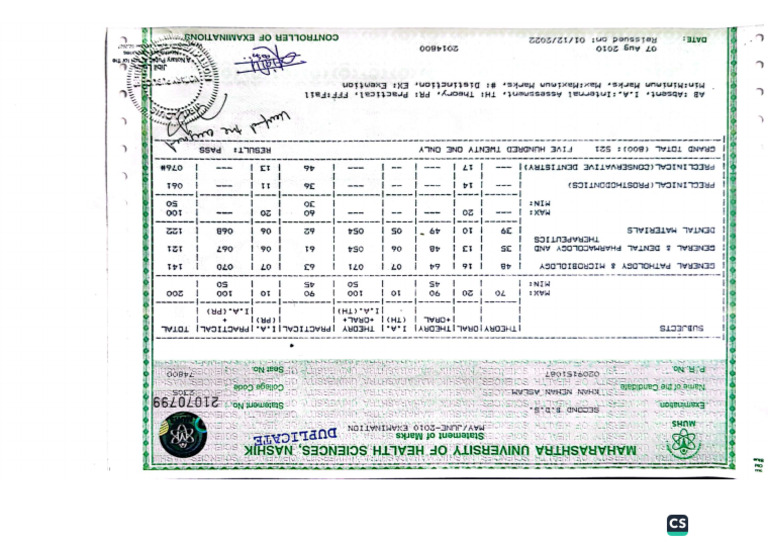 BDS Transcript Second Year | PDF