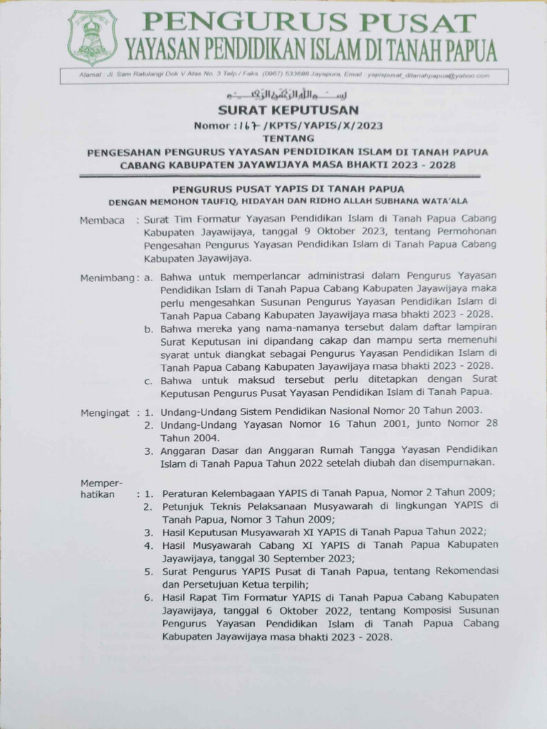 SK Yapis Cabang Jayawijaya 2023-2028 | PDF