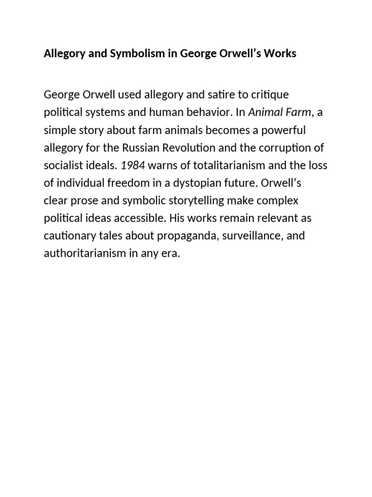 Allegory and Symbolism in George Orwell's Works: Animal Farm | PDF