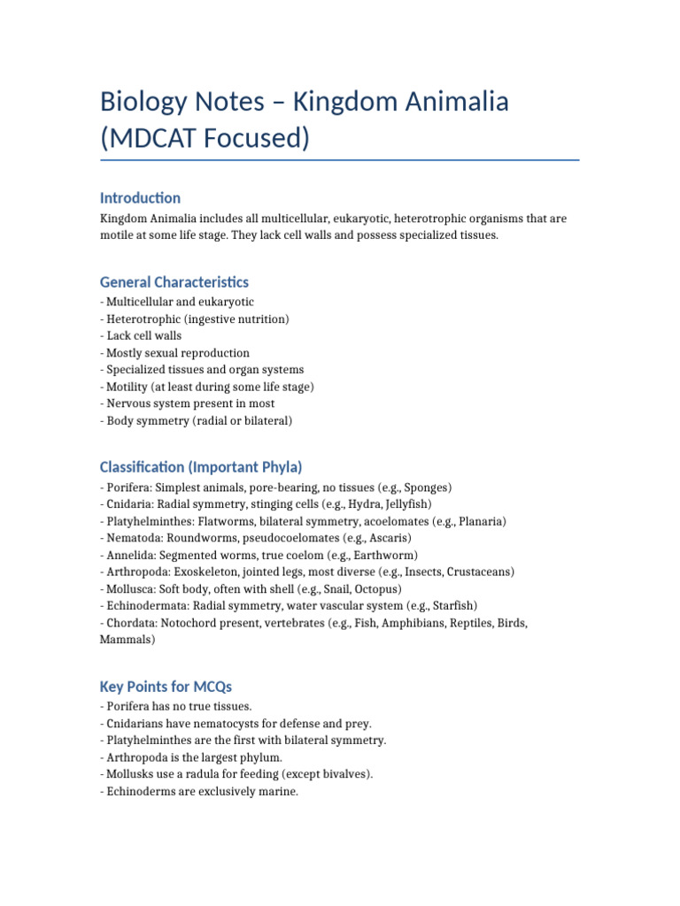 Kingdom Animalia Biology Notes | PDF