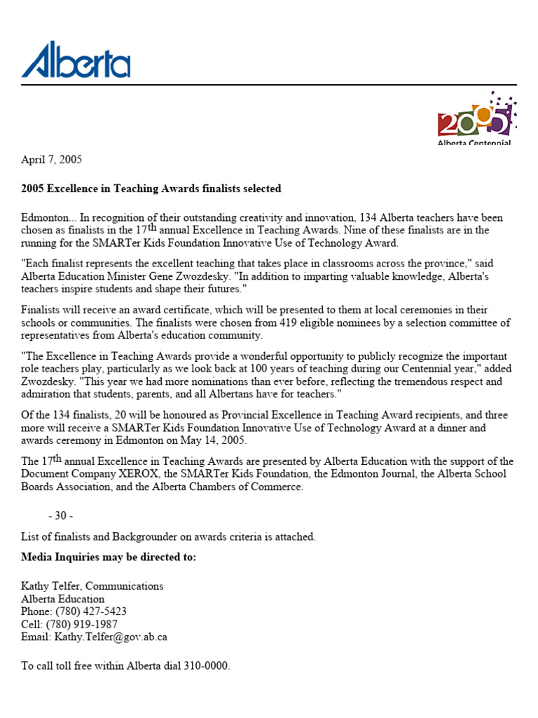 2005 Excellence in Teaching Awards Finalists Selected | PDF | Schools ...