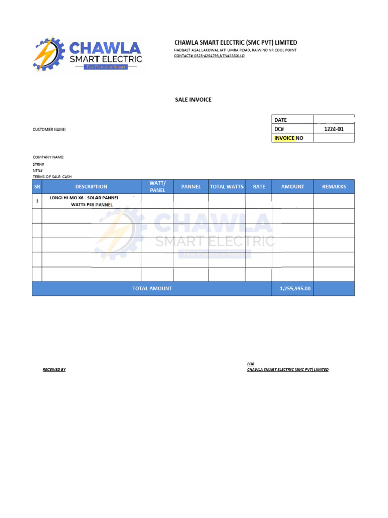 Solar Panel Sale Invoice - Chawla Smart Electric | PDF