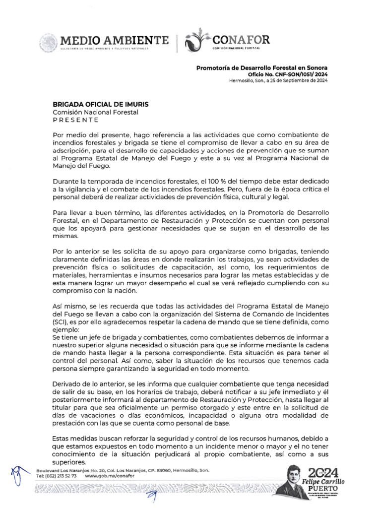 Oficio CNF SON 1051 Funciones y Responsabilidades Brigadas | PDF