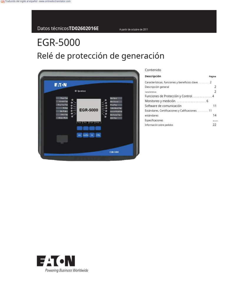 Eaton EGR 5000 Generation Protection Relay Tech Data - En.es | PDF ...