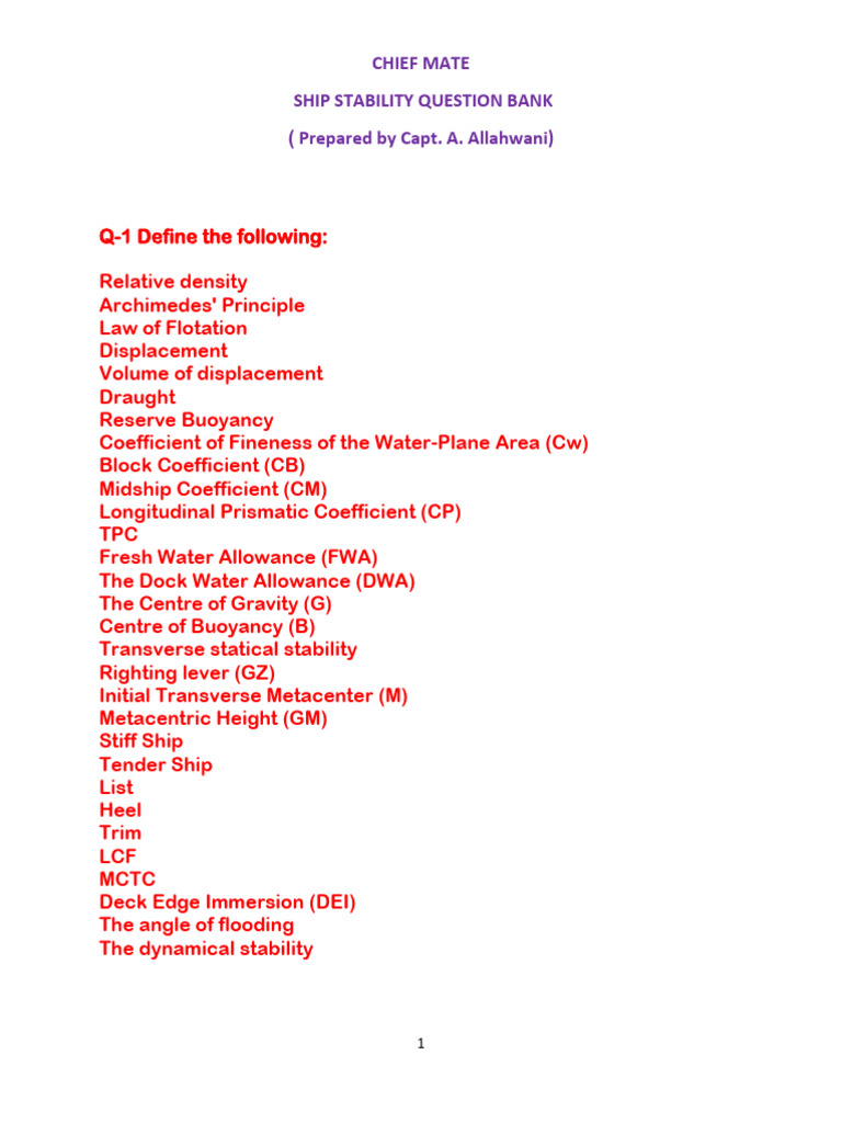 Chief Mate Q.bank - Stability | PDF | Buoyancy | Ships