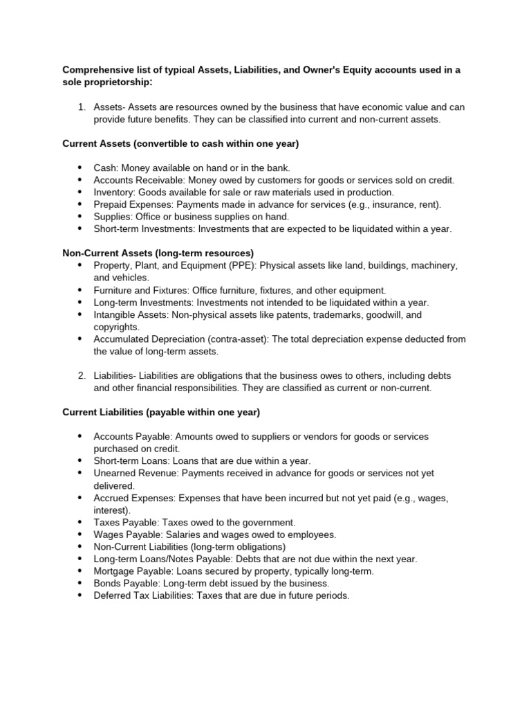 Sole Proprietorship Accounting Accounts List | PDF | Debits And Credits ...