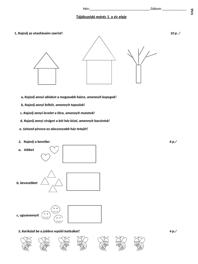 Tájékozódó Mérés 1.o. Év Eleje 2022-NMA | PDF