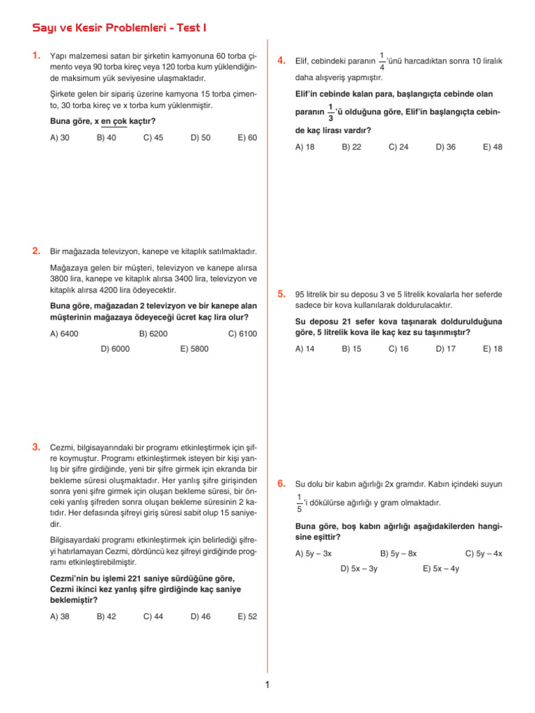 Sayı Kesir Problemleri Acil | PDF