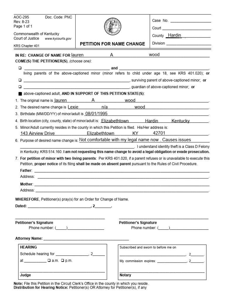 Kentucky Name Change Petition Form | PDF