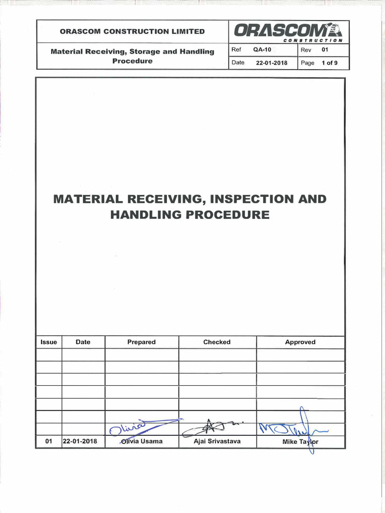 QA-10 Material Receiving, Inspection and Handling Procedure | PDF | Warehouse | Safety