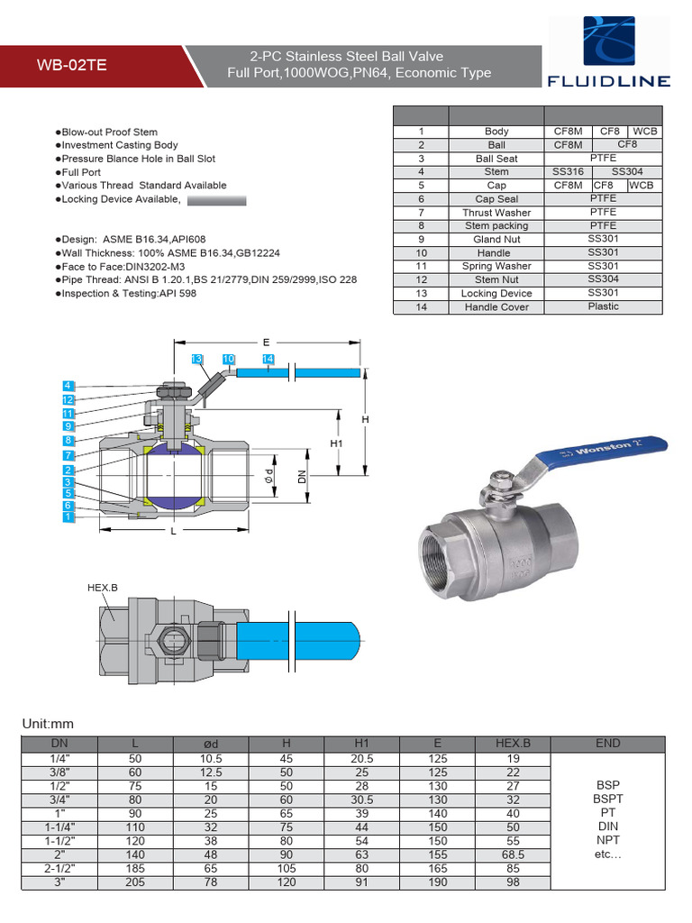 2-PC Stainless Steel Ball Valve Specs | PDF | Valve | Washer (Hardware)