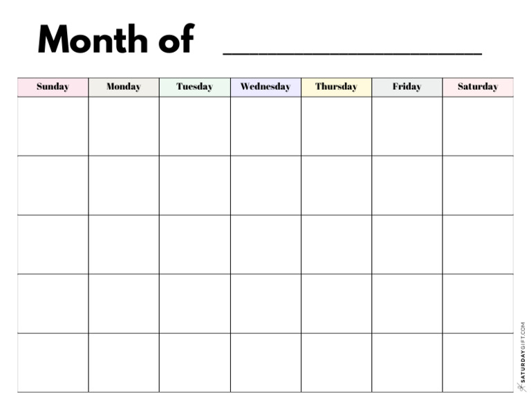 Printable Blank Monthly Calendar Pastel Colors Landscape Sunday ...