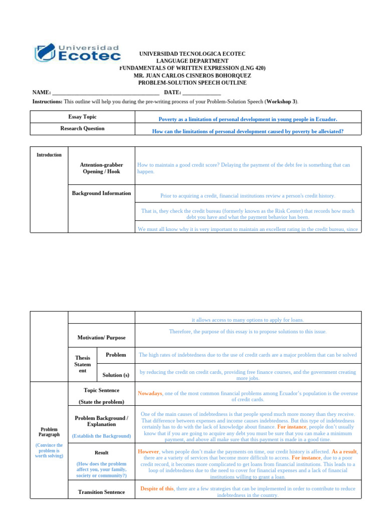1a. Problem-Solution Speech Outline (4 Body Paragraphs - 6 Total) | PDF ...