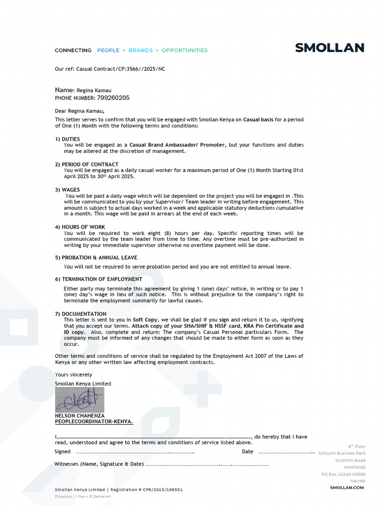 Casual Contract Confirmation Letter | PDF | Overtime | Private Law