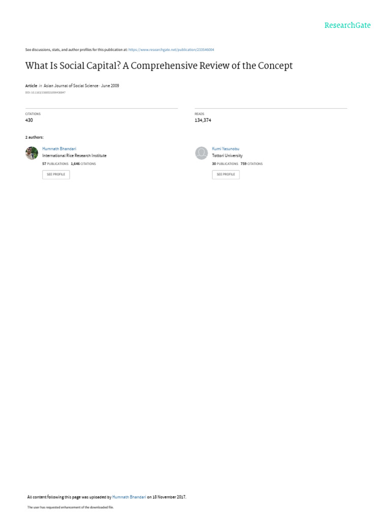 What Is Social Capital? A Comprehensive Review of The Concept | PDF | Social Capital | Capital ...