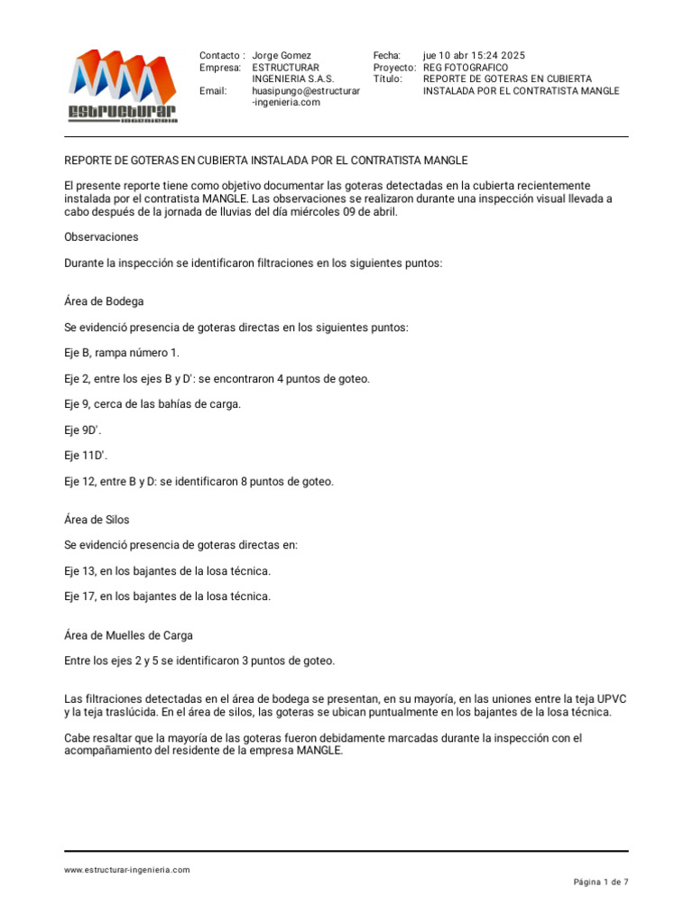 REPORTE DE GOTERAS E - 1x1s | PDF