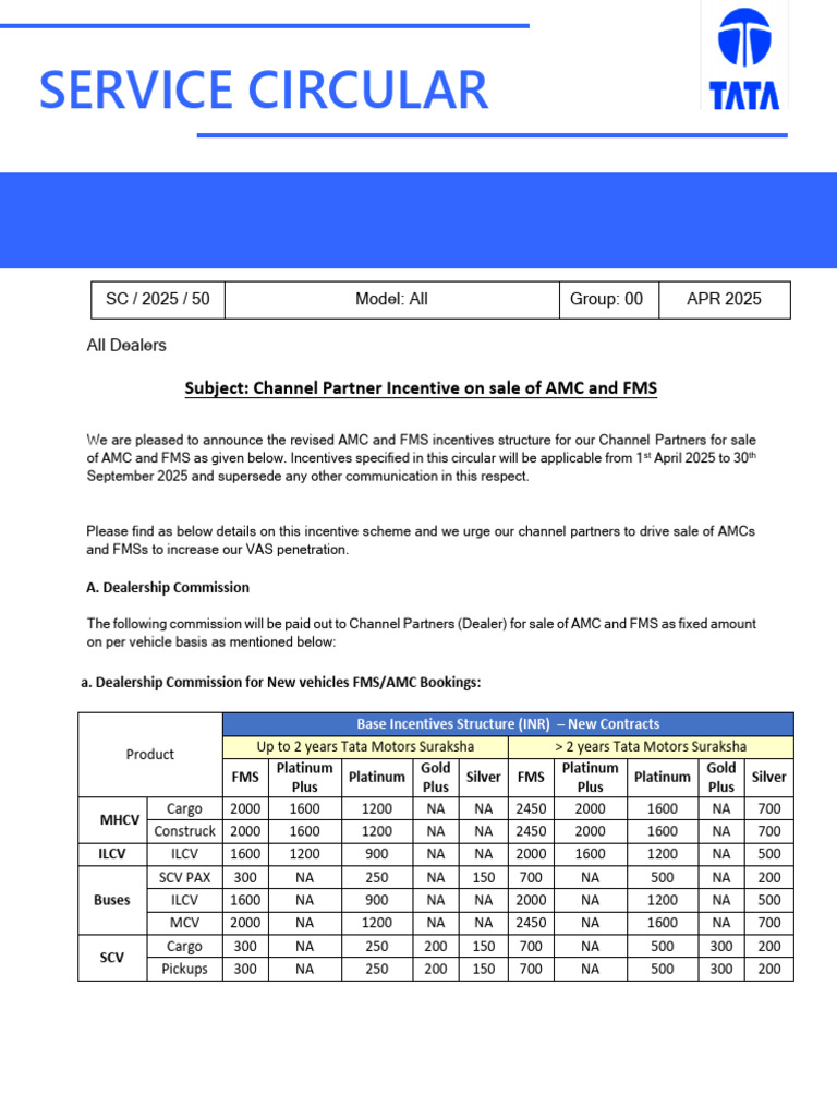 SC - 2025 - 50 FY26 Channel Partner Incentive For Sale of TML FMS and AMC H1 | PDF | Motor ...