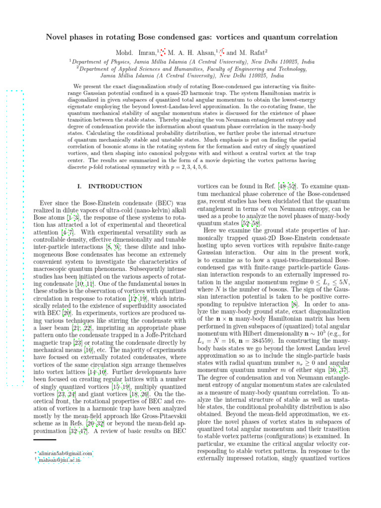 Novel Phases in Rotating Bose Condensed Gas- Vortices and Quantum Correlation | PDF | Vortices ...
