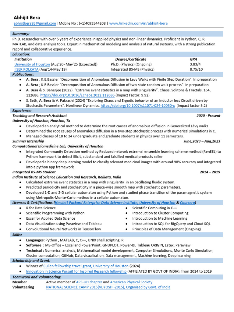 Abhijit Bera Resume Version 4 | PDF | Chaos Theory | Deep Learning