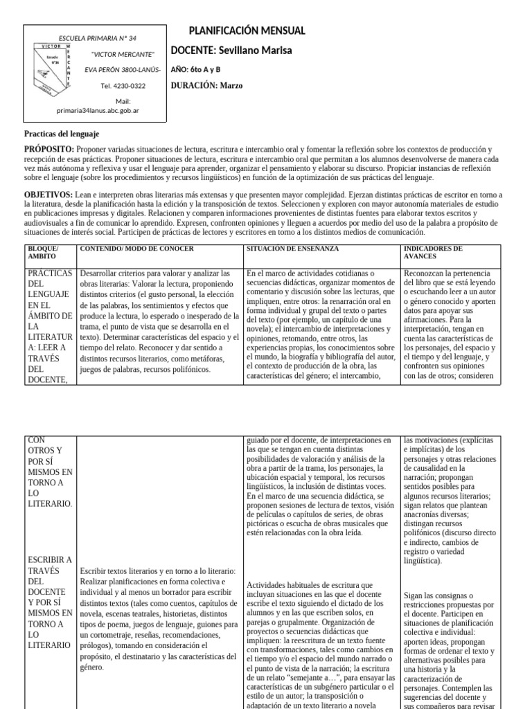 Planificación Mensual 6to A y B: Lengua y Ciencias | PDF | Enseñando | Autor