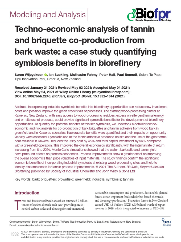 Techno-Economic Analysis of Tannin | PDF | Biorefinery | Net Present Value