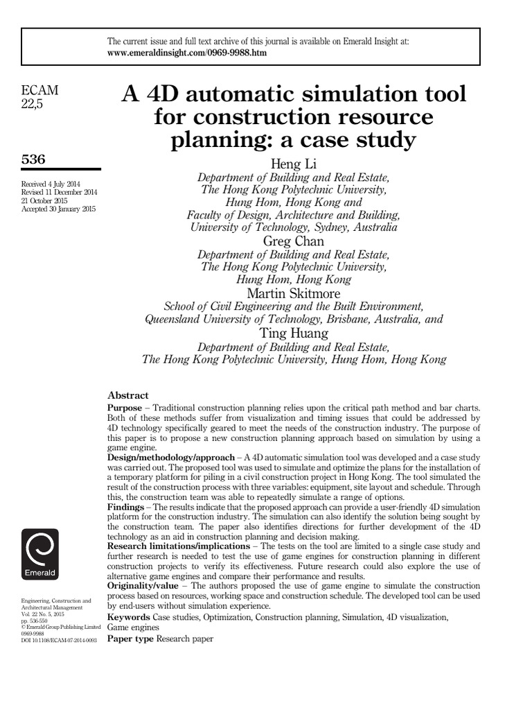 A 4D Automatic Simulation Tool For Construction Resource Planning A ...