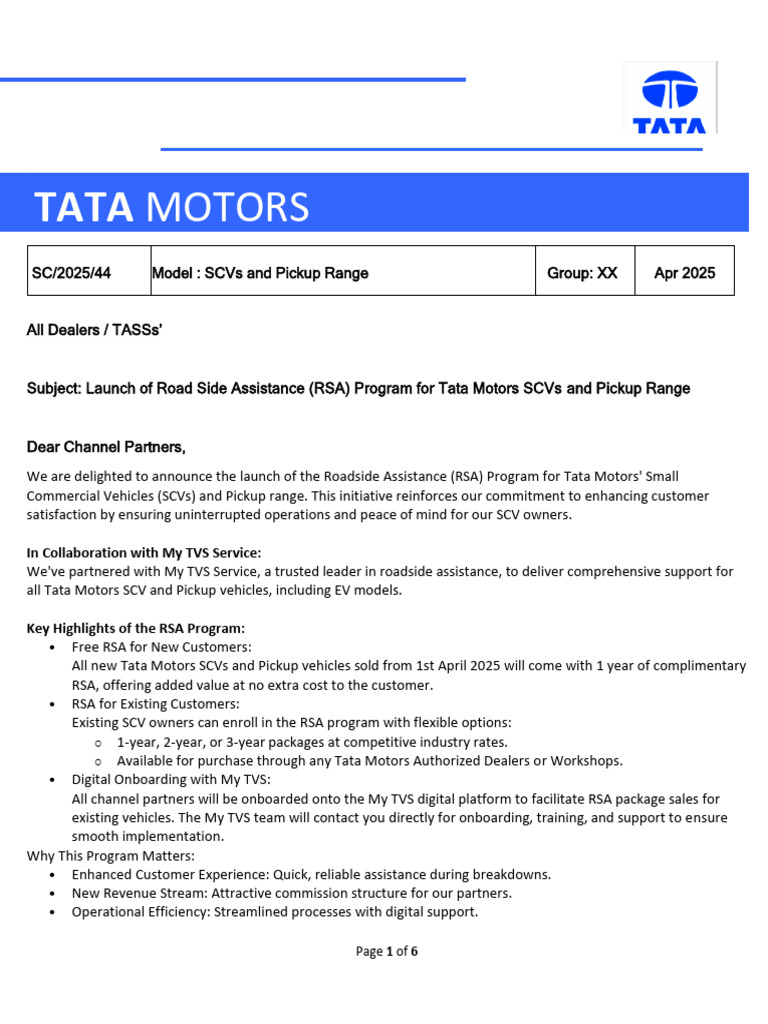 SC - 2025 - 44 Road Side Assistance (RSA) Program For Tata Motors SCV ...