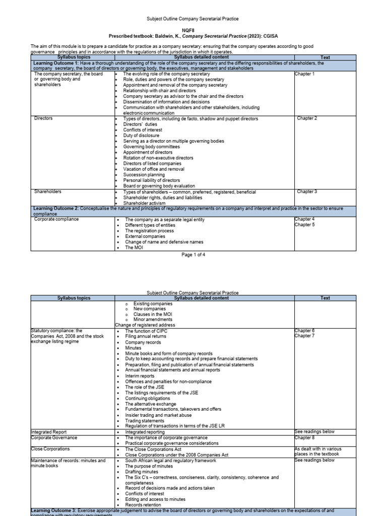NQF8 Syllabus Outline Company Secretarial Practice 2025 | PDF | Board ...