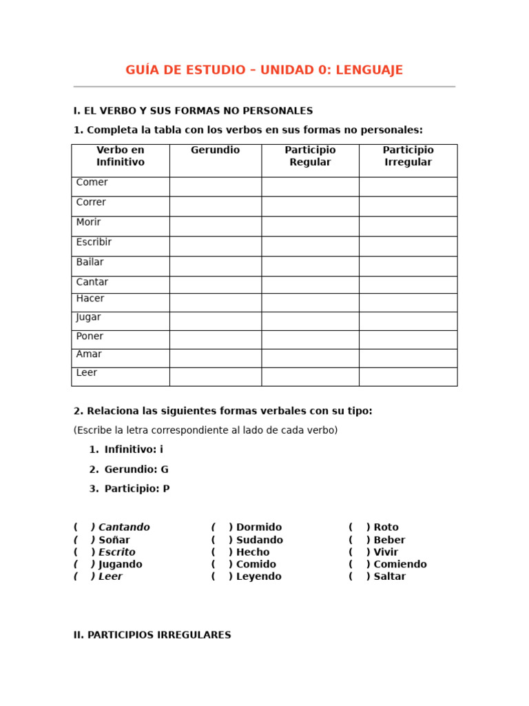 Guía de Estudio Unidad 6° Verbo Infinitivo, Gerundio y Participio | PDF ...