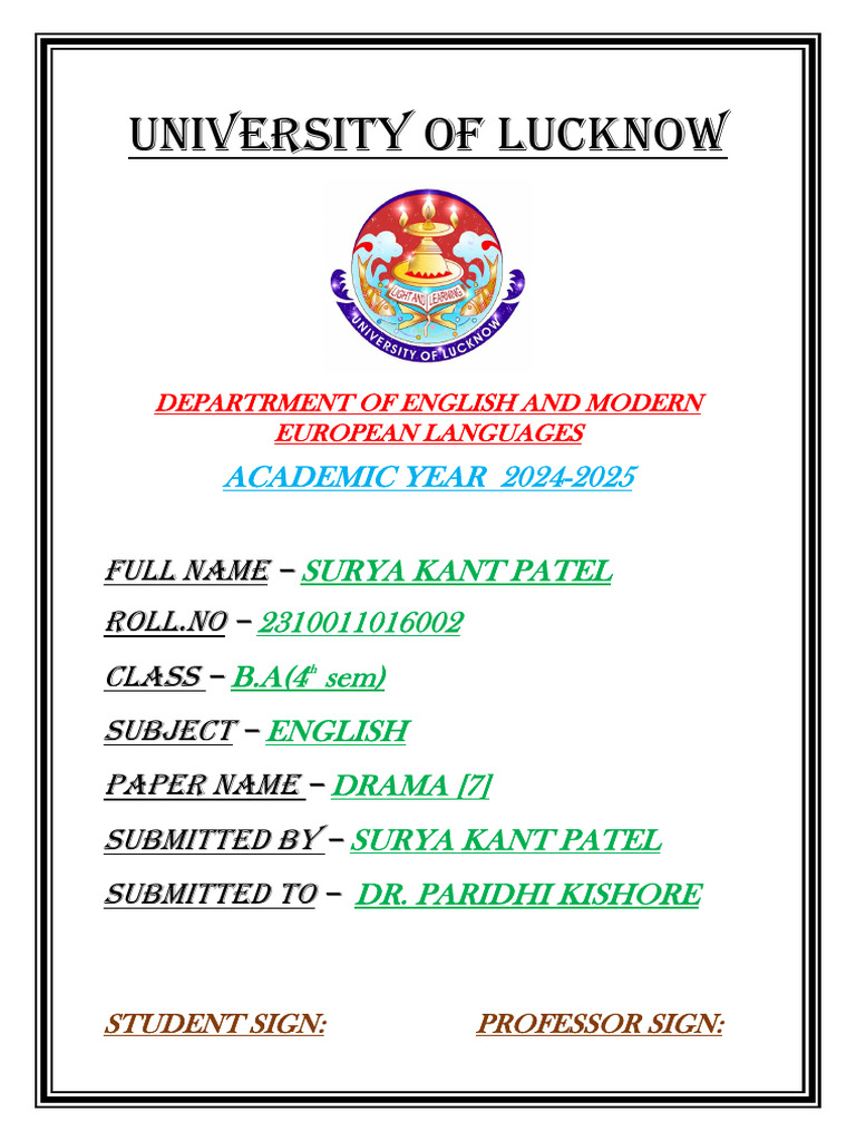 English Major Paridhi Kishore Assignment Paper 7 Front Page | PDF